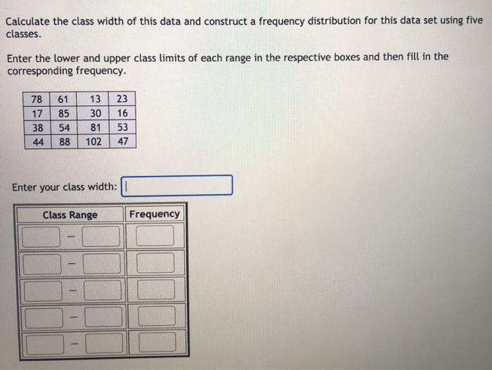 Solved Calculate The Class Width Of This Data And Construct Chegg