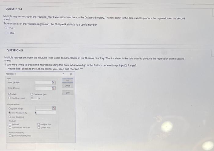 Solved Multiple regression: open the Youtube regr Excel | Chegg.com