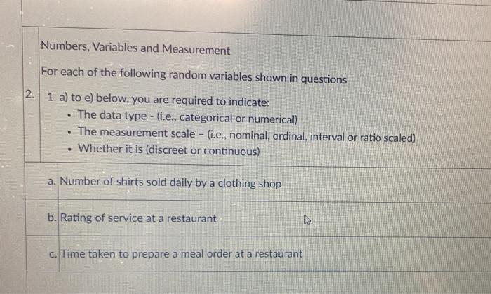 Numbers, Variables and Measurement For each of the | Chegg.com