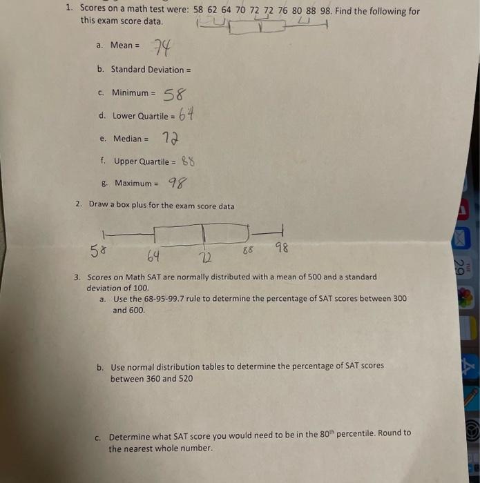 Solved 1. Scores on a math test were: 58626470727276808898 . | Chegg.com