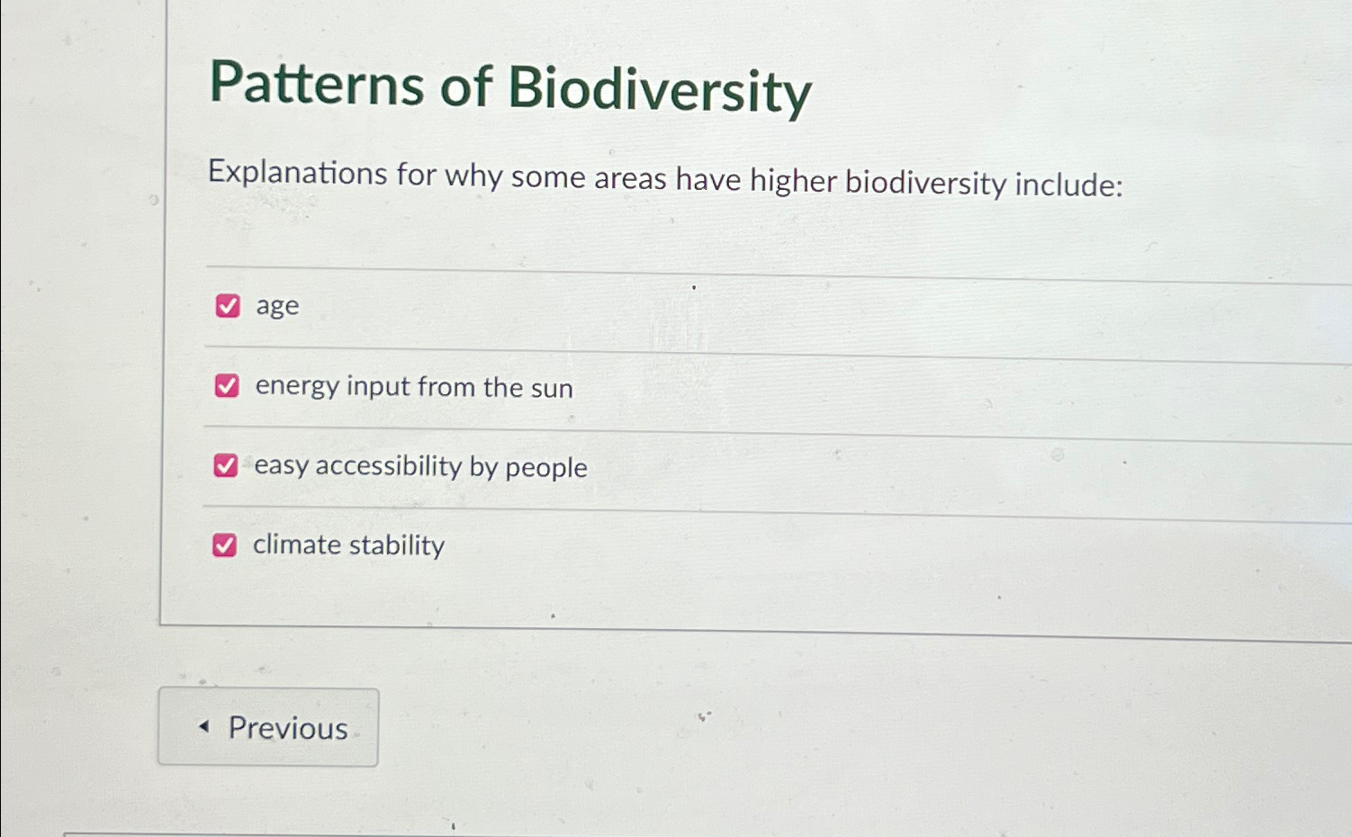 Solved Patterns of BiodiversityExplanations for why some | Chegg.com