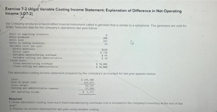 Solved Exercise 7-2 (Algol Variable Costing Income | Chegg.com