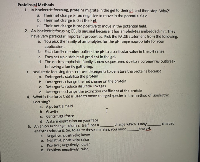 Solved Proteins pl Methods 1. In isoelectric focusing, | Chegg.com