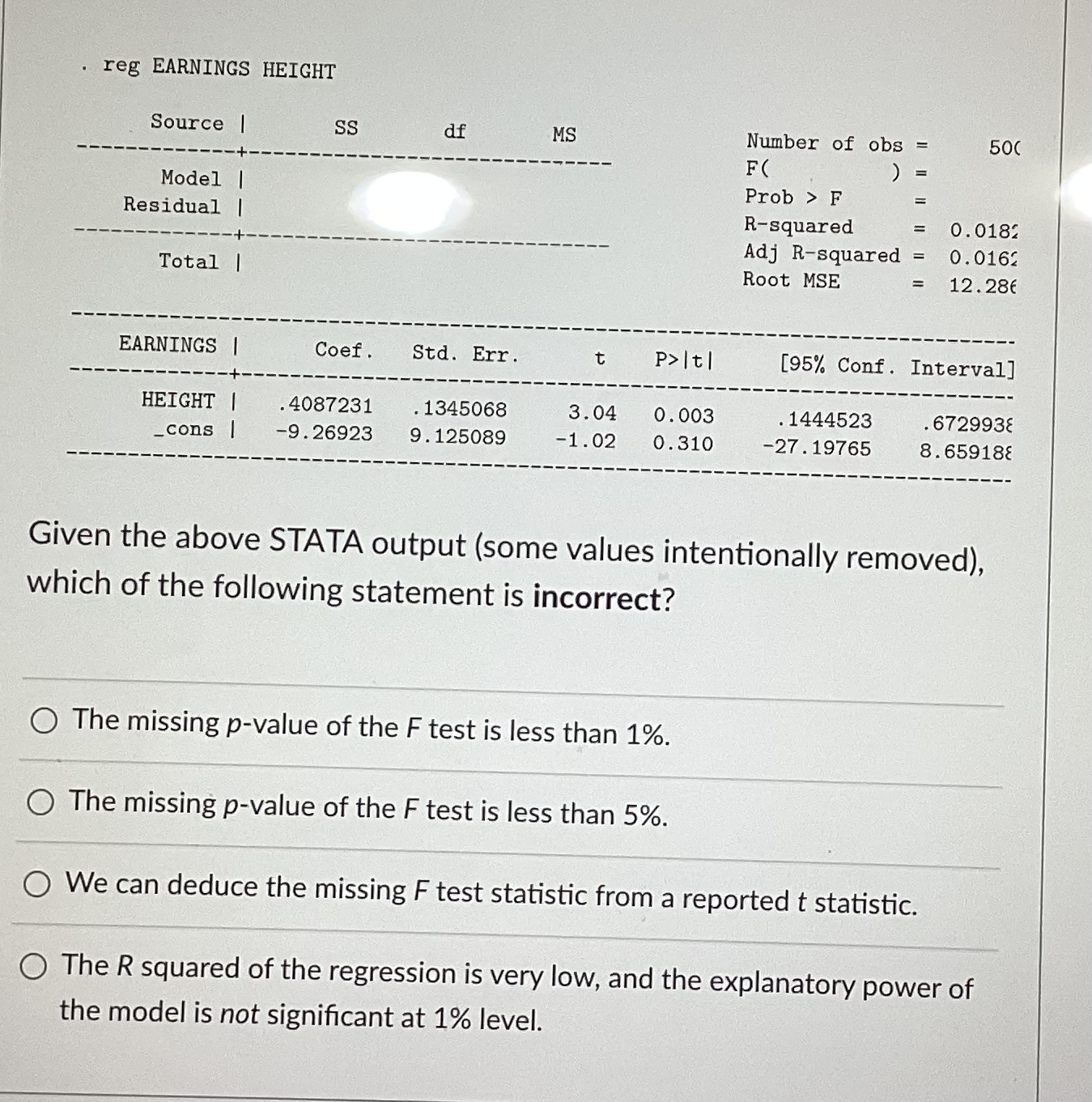 Solved reg EARNINGS HEIGHTGiven the above STATA output (some | Chegg.com