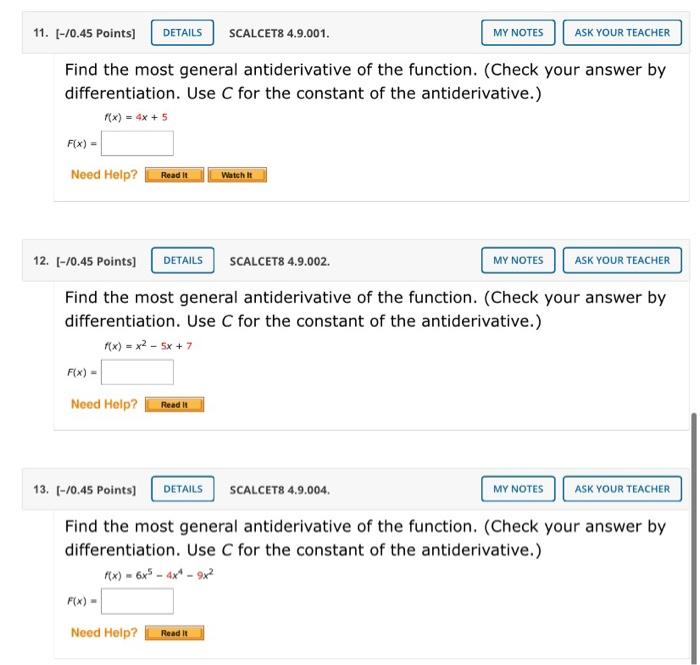 Solved 11. [-/0.45 Points] DETAILS SCALCET8 4.9.001. MY | Chegg.com