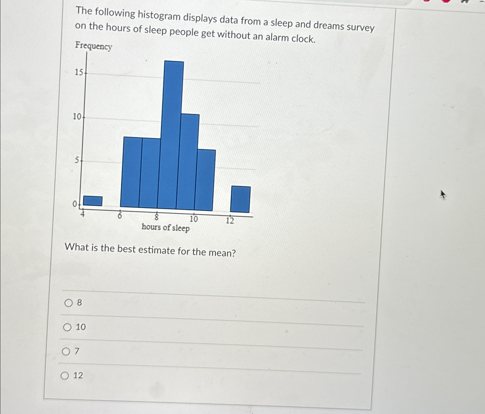 Solved The following histogram displays data from a sleep | Chegg.com