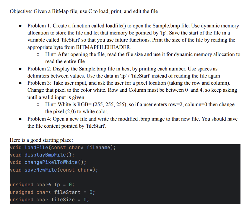 Solved Given a bitmap file, write code to complete the | Chegg.com
