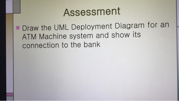 Solved Assessment Draw the UML Deployment Diagram for an ATM | Chegg.com