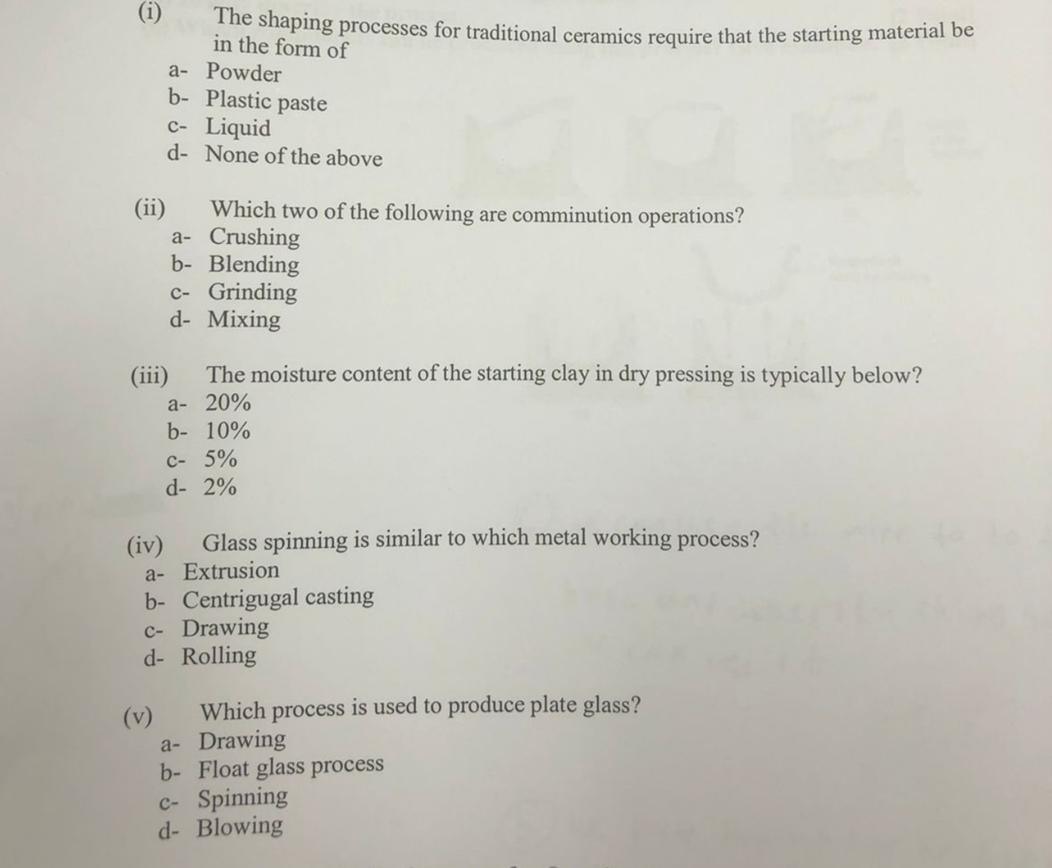 Solved (i) ﻿The shaping processes for traditional ceramics | Chegg.com