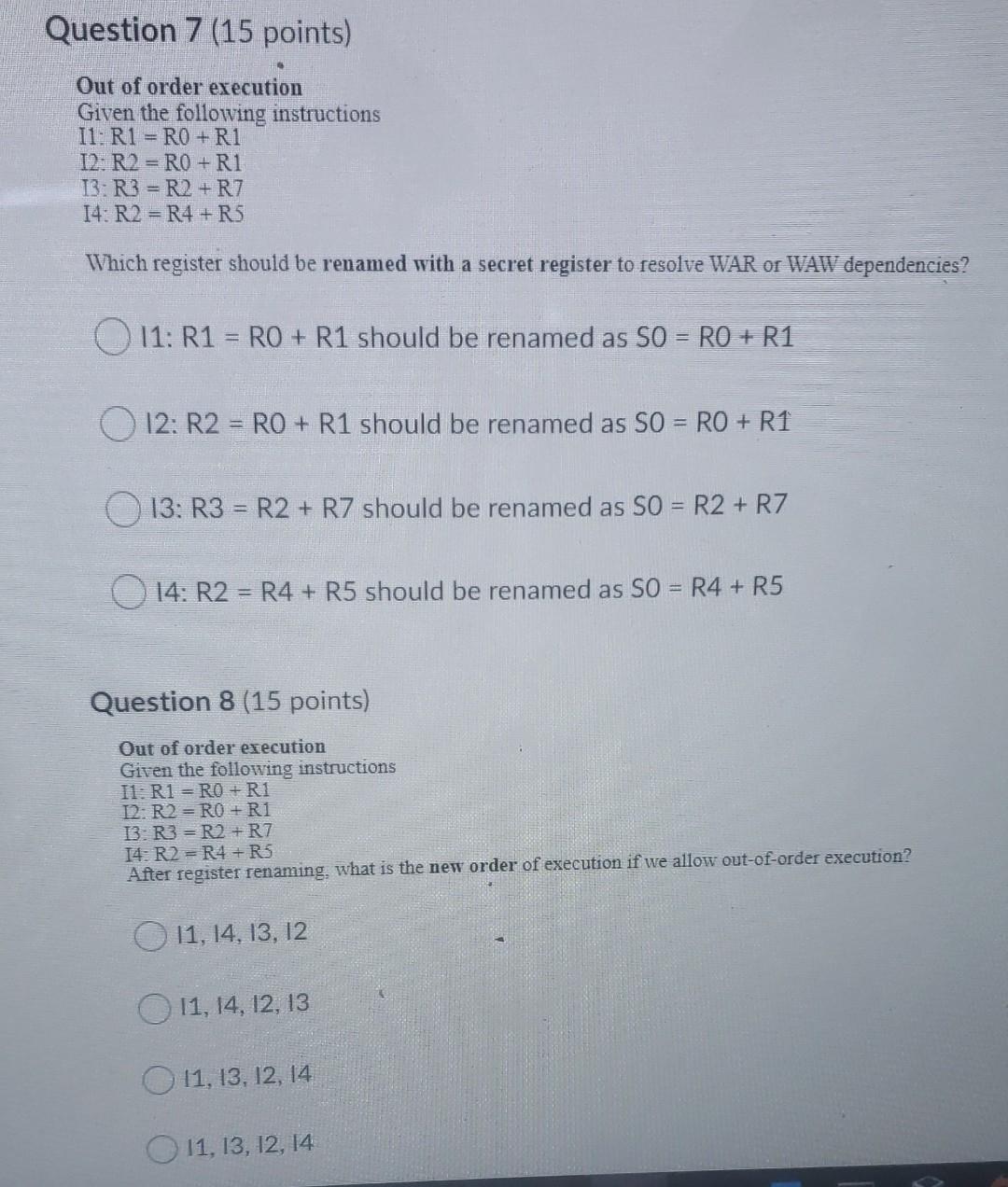 Solved Question 7 (15 points) Out of order execution Given | Chegg.com