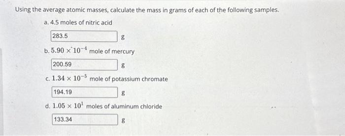 Solved Using the average atomic masses, calculate the mass | Chegg.com
