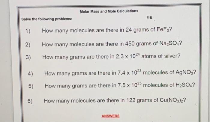 Solved Molar Mass and Mole Calculations Solve the following | Chegg.com