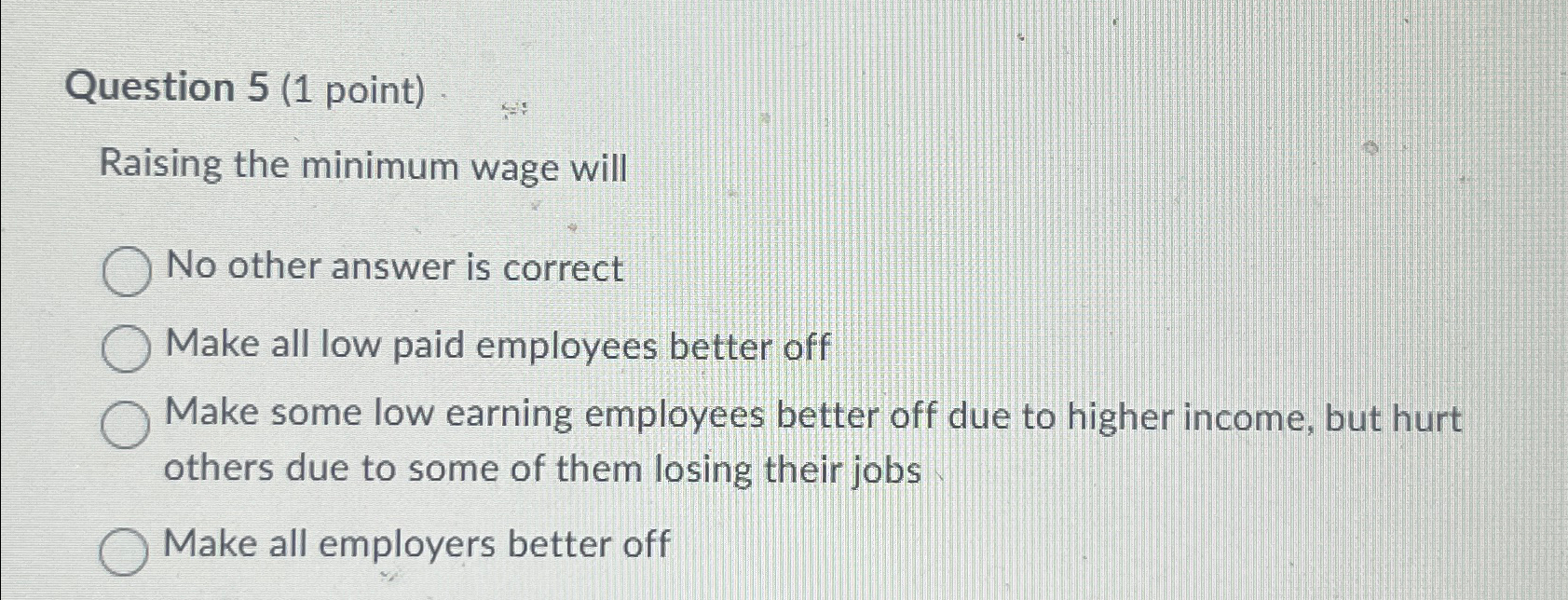 Solved Question 5 (1 ﻿point)Raising the minimum wage willNo | Chegg.com