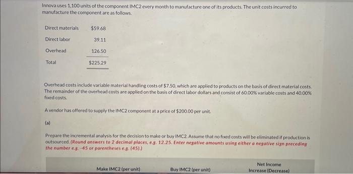 Solved Innova uses 1,100 units of the component IMC2 every | Chegg.com