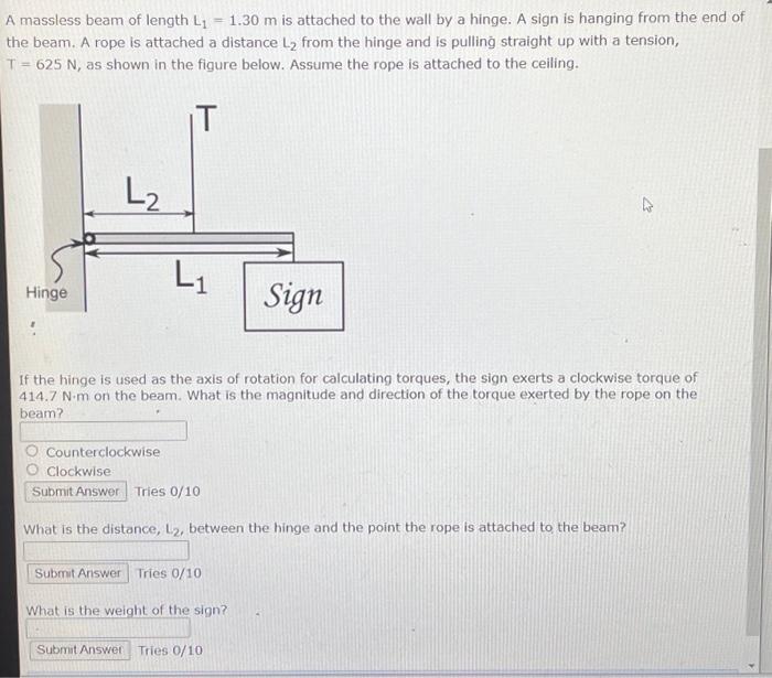 Solved A massless beam of length L1=1.30 m is attached to | Chegg.com