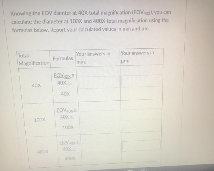 Solved Knowing the FOV diamter at 40X total magnification | Chegg.com