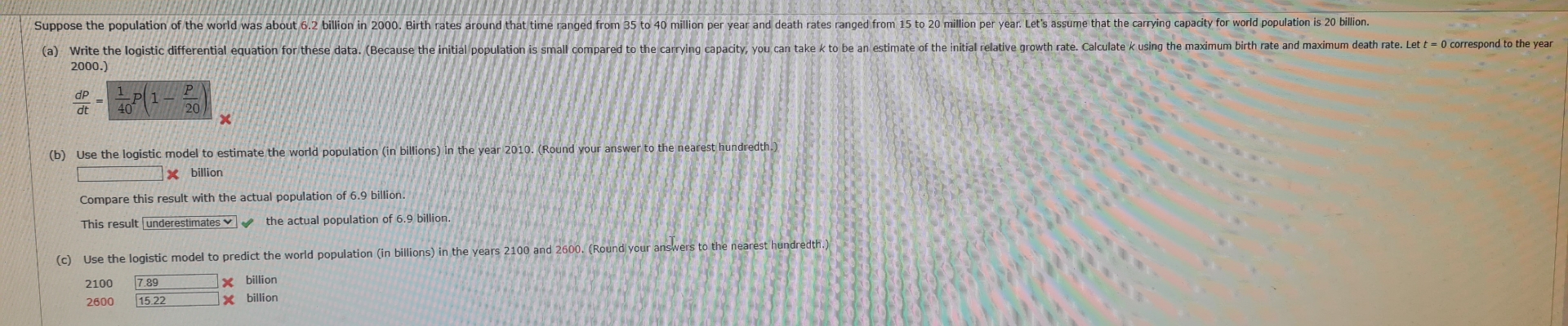 Solved 2000.)dPdt=140P(1-P20)(b) ﻿Use the logistic model to | Chegg.com
