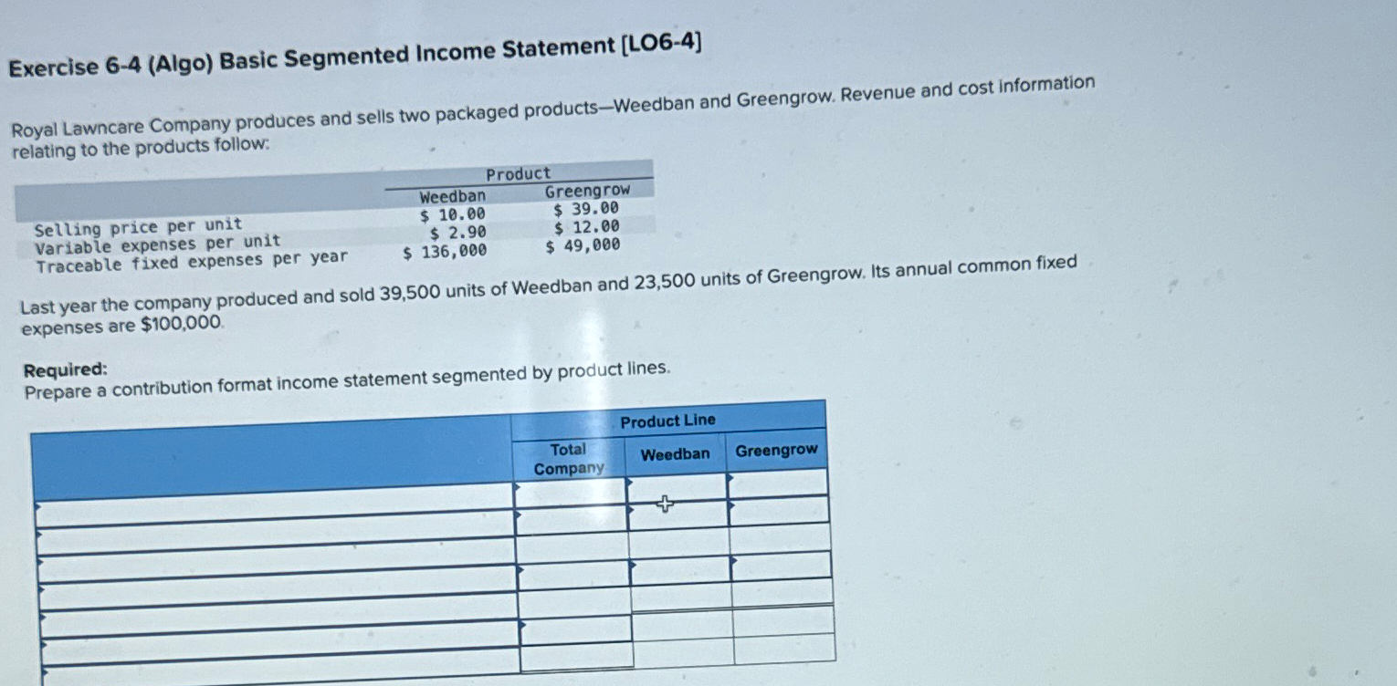 Solved Exercise 6-4 (Algo) Basic Segmented Income Statement | Chegg.com Solved Exercise 6-4 (Algo) Basic Segmented Income Statement | Chegg.com