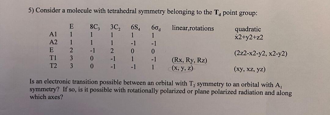 Solved 5) Consider a molecule with tetrahedral symmetry | Chegg.com