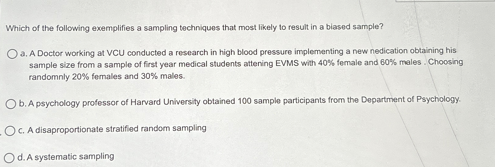 Solved Which of the following exemplifies a sampling | Chegg.com