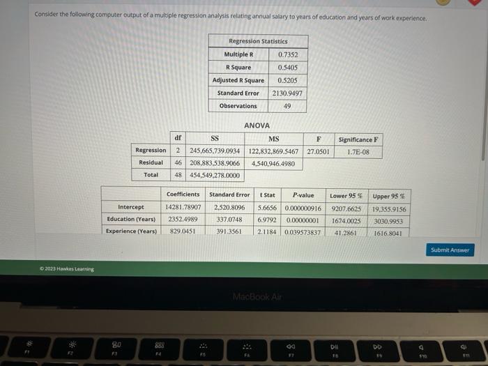 Solved Consider the following computer output of a multiple | Chegg.com