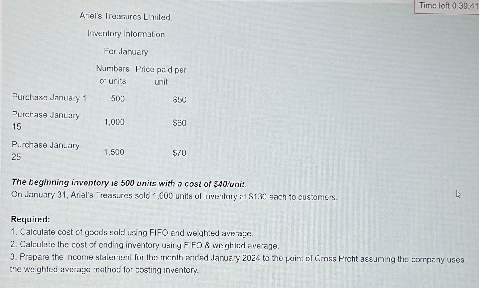 Solved Time left 0:39:41Ariel's Treasures Limited.Inventory | Chegg.com
