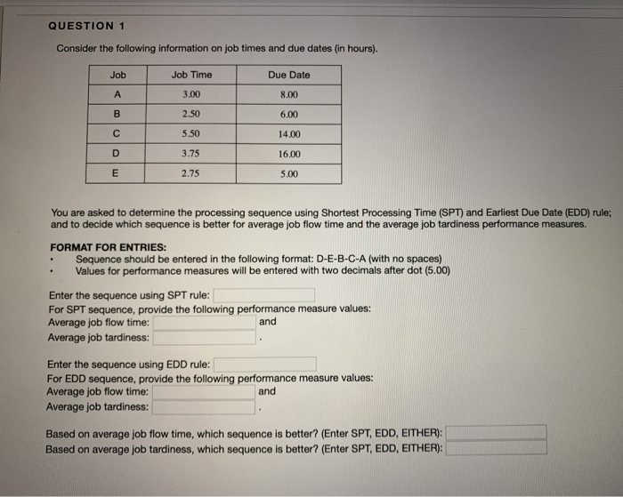 Solved Question 1 Consider The Following Information On Job