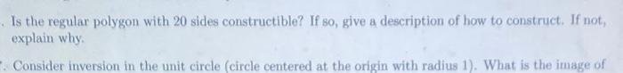 Solved Is the regular polygon with 20 sides constructible? | Chegg.com
