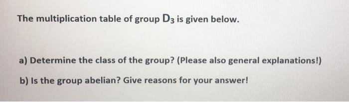 Solved The multiplication table of group D3 is given below. | Chegg.com