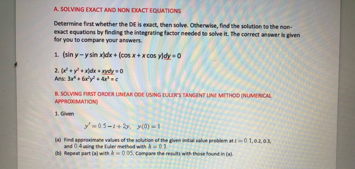 Solved A. SOLVING EXACT AND NON EXACT EQUATIONS Determine | Chegg.com