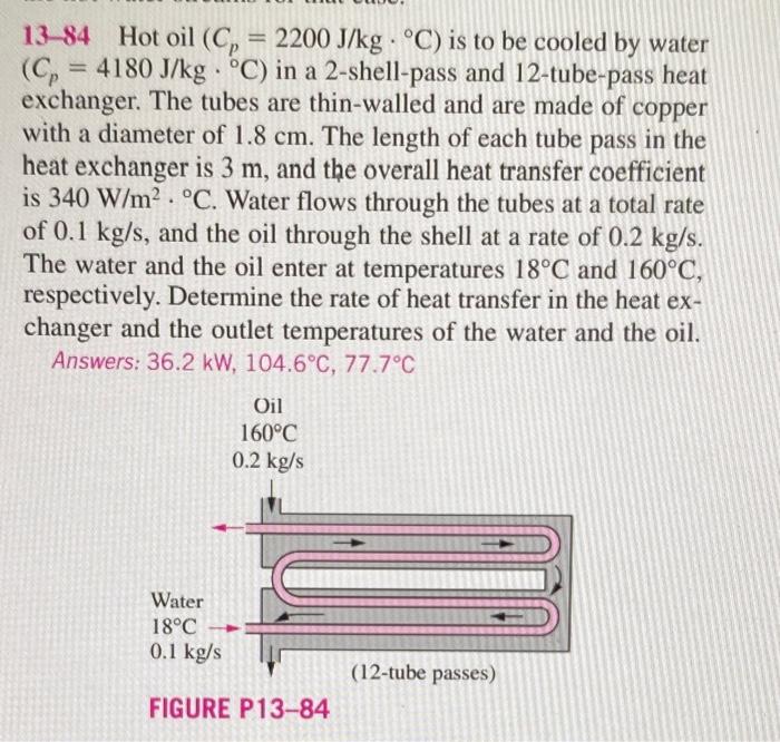 Solved 13-84 Hot oil (Cp=2200 J/kg⋅∘C) is to be cooled by | Chegg.com