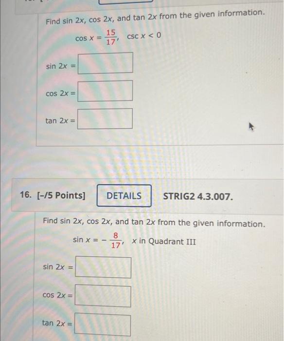 Solved Find sin 2x, cos 2x, and tan 2x from the given | Chegg.com