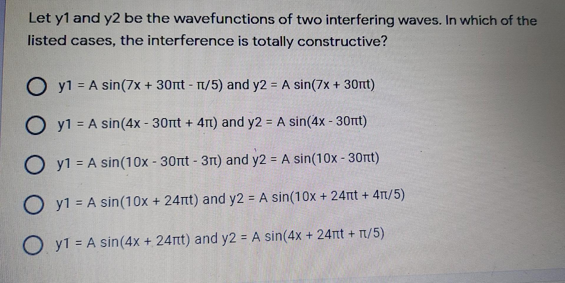Solved Let y1 and y2 be the wavefunctions of two interfering | Chegg.com