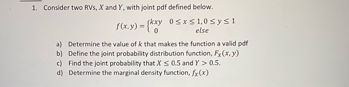 Solved 1. Consider two RVs, X and Y, with joint pdf defined | Chegg.com