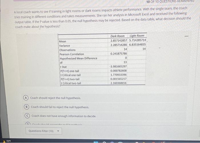 Solved A local coach wants to see if training in light rooms | Chegg.com