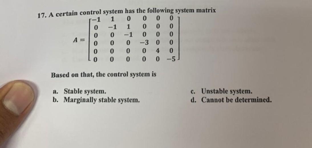 Solved 17. A certain control system has the following system | Chegg.com