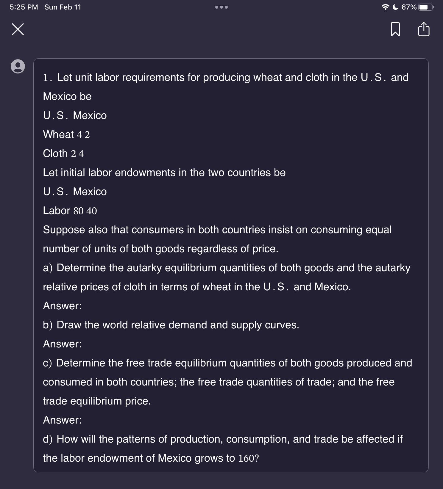 Solved I need the graph ...Let unit labor requirements for | Chegg.com
