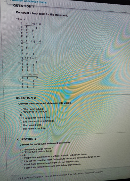 Solved Completion Status: QUESTION 1 Construct a truth table | Chegg.com
