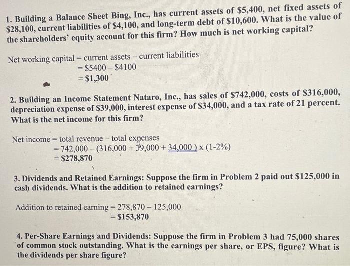 Solved 1. Building a Balance Sheet Bing, Inc., has current | Chegg.com