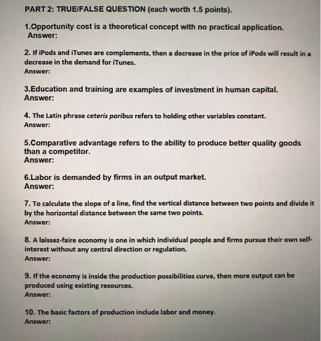 Solved PART 2: TRUE/FALSE QUESTION (each worth 1.5 points). | Chegg.com