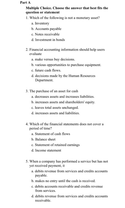 Solved Part A Multiple Choice. Choose the answer that best | Chegg.com