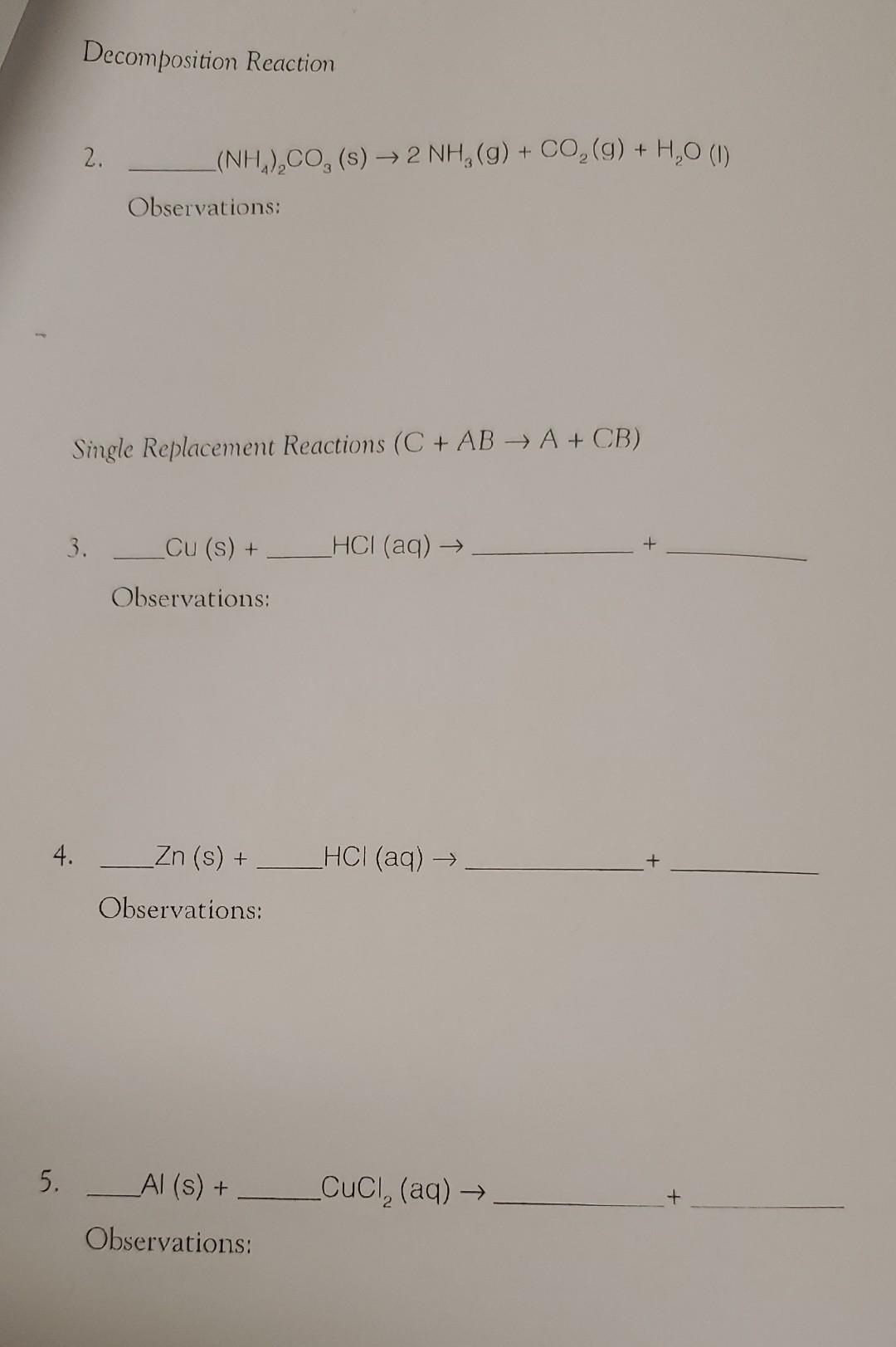 Solved Decomposition Reaction 2. (NH4)2CO3( s)→2NH3( g)+CO2( | Chegg.com