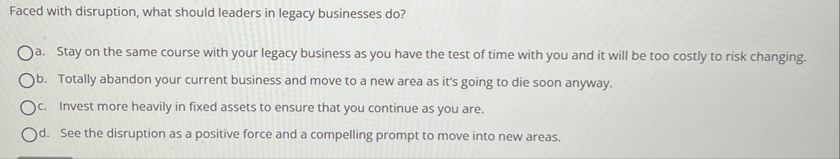 Solved Faced with disruption, what should leaders in legacy | Chegg.com