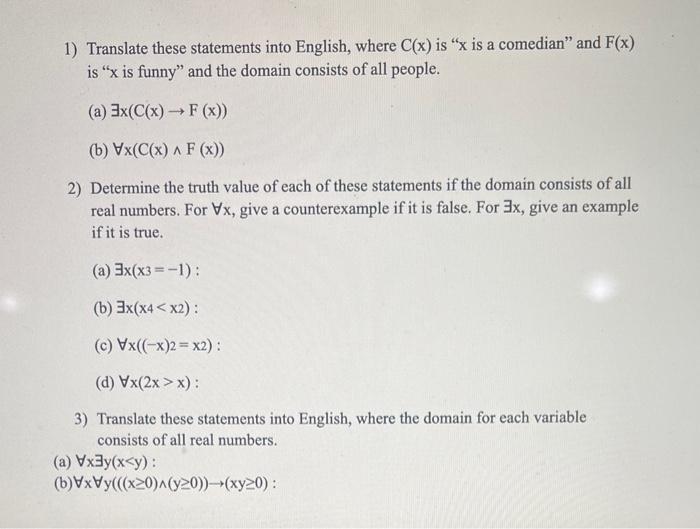 Solved 1 Translate These Statements Into English Where 