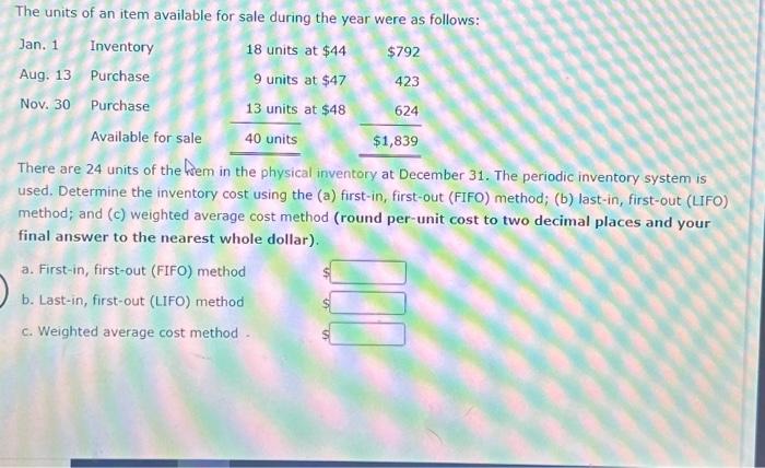 Solved The units of an item available for sale during the | Chegg.com