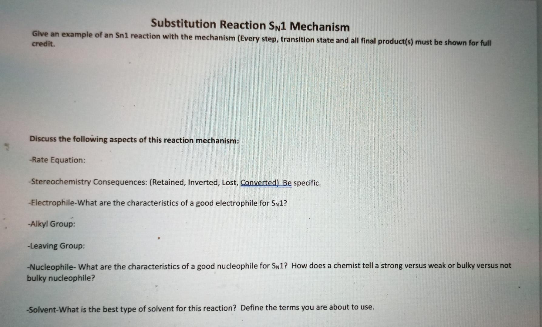 Solved Substitution Reaction Sn1 Mechanism Give an example | Chegg.com