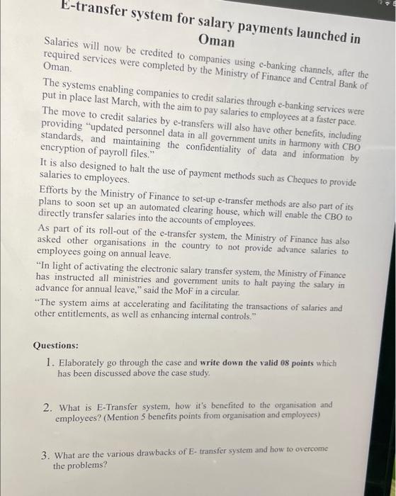 Solved E-transfer system for salary payments launched in | Chegg.com