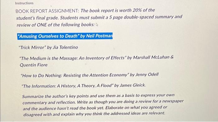 Solved Instructions BOOK REPORT ASSIGNMENT: The book report | Chegg.com