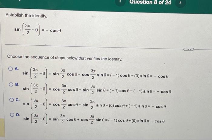 Solved Establish the identity. sin(23π−θ)=−cosθ Choose the | Chegg.com