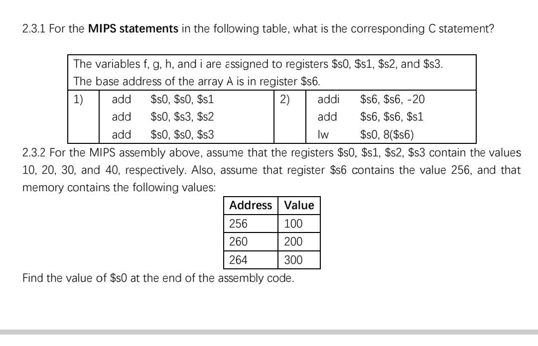 Solved 2.3.1 For the MIPS statements in the following table, | Chegg.com